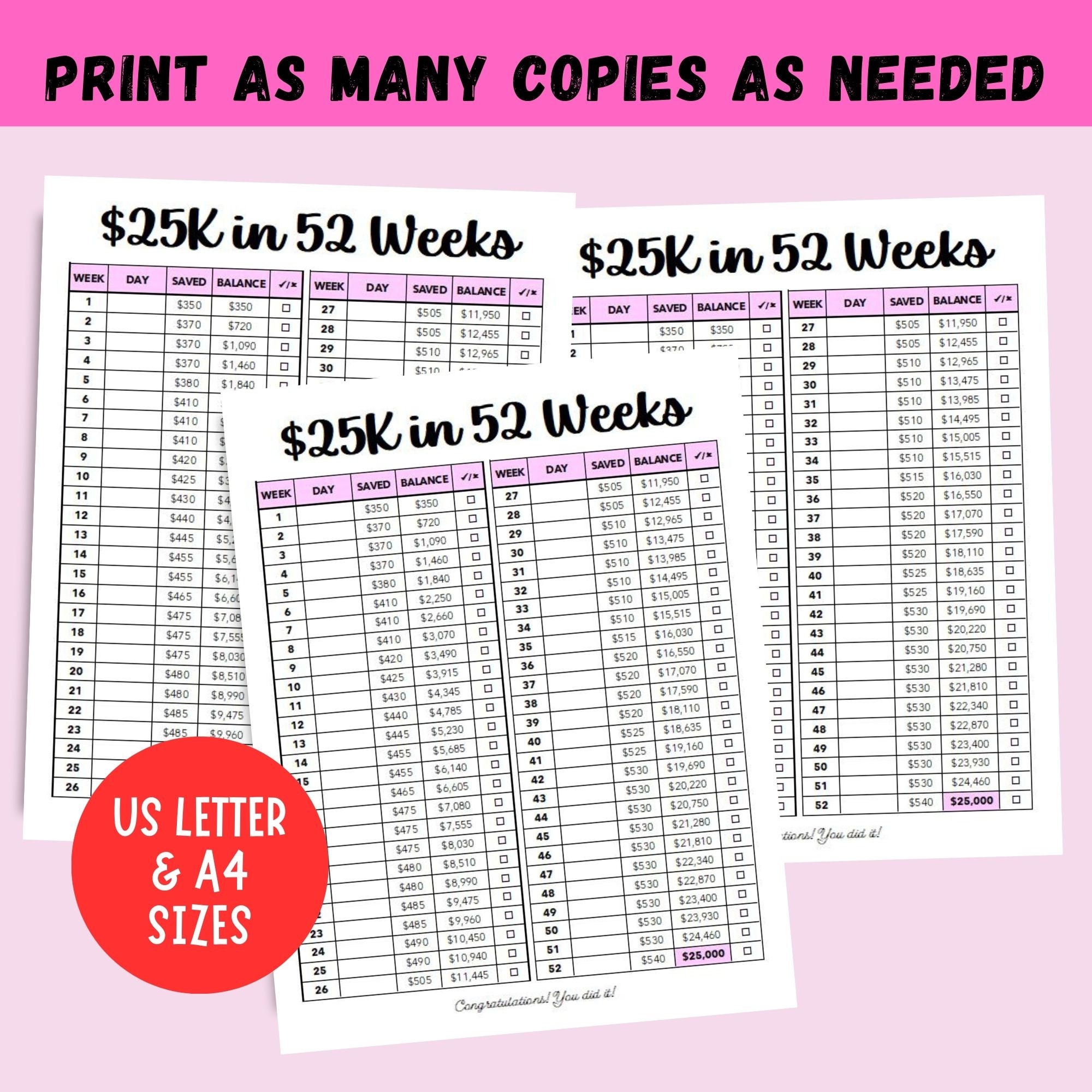 25K Saving Challenge, Printable 52 Week Saving Challenge, 1 Year ...