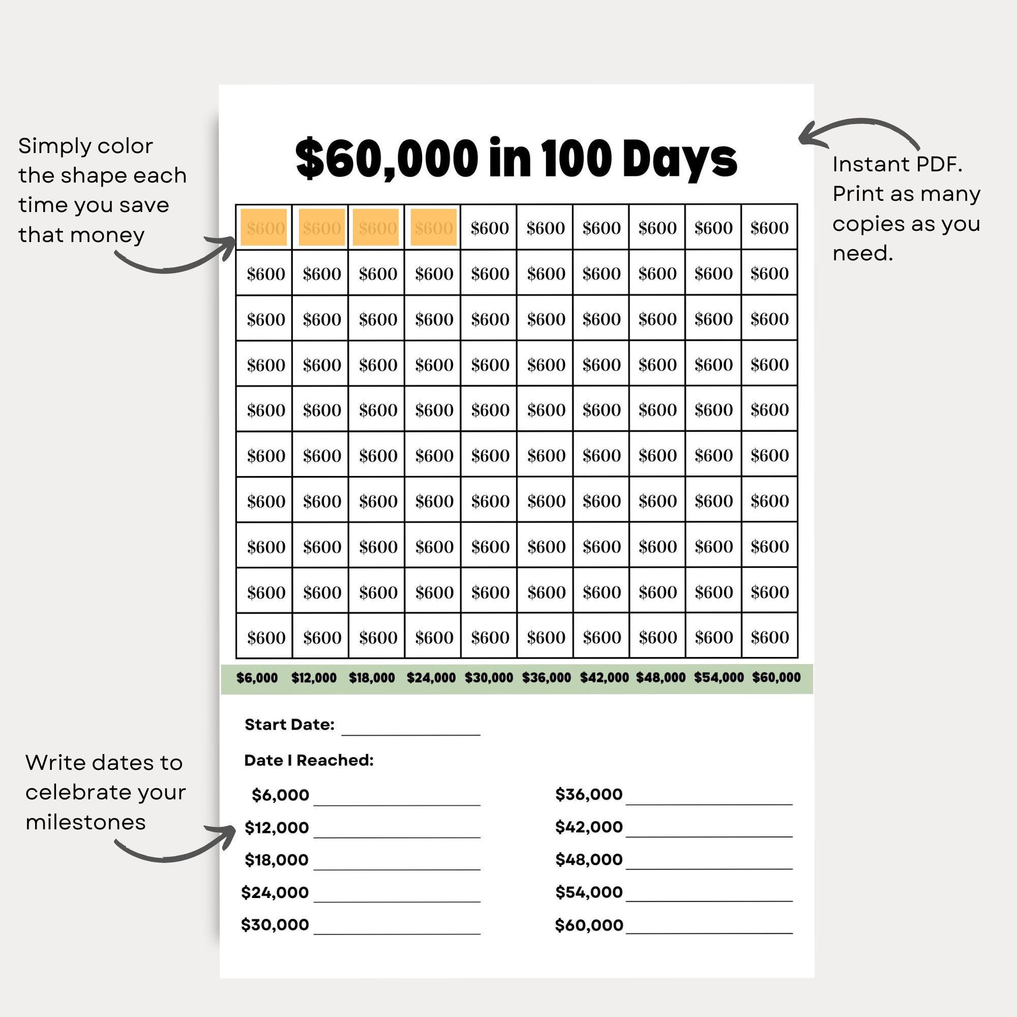 60,000 Money Saving Challenge Printable, Save 60,000 in 100 Days ...