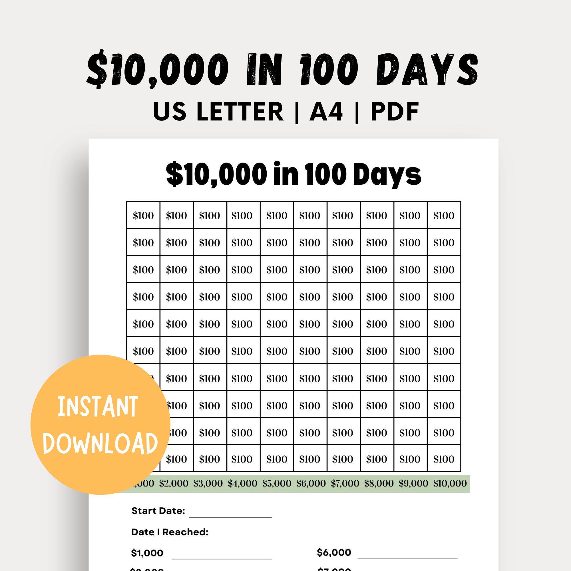 10,000 Money Saving Challenge Printable, Save 10,000 in 100 Days, Savings Tracker, 10k in 100 ...