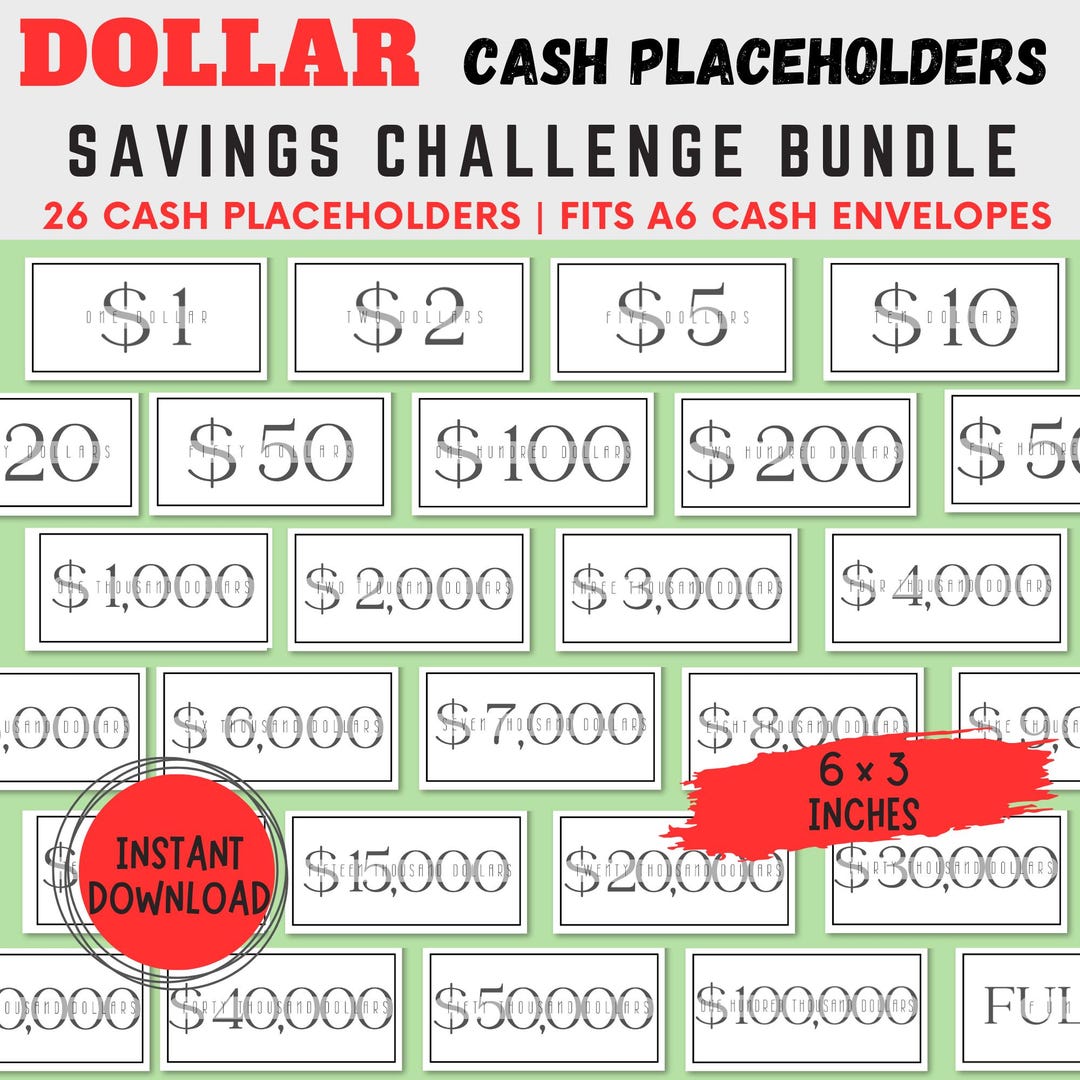 DOLLAR Cash Placeholder Bundle, A6 Printable Placeholder Set, Money ...