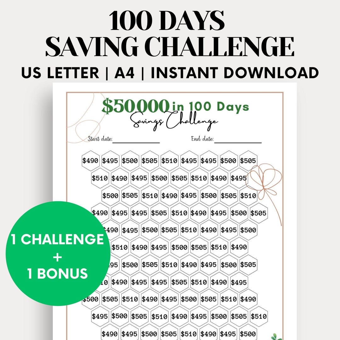 Save 50000 in 100 Days, 50,000 Money Saving Challenge Printable Boho ...