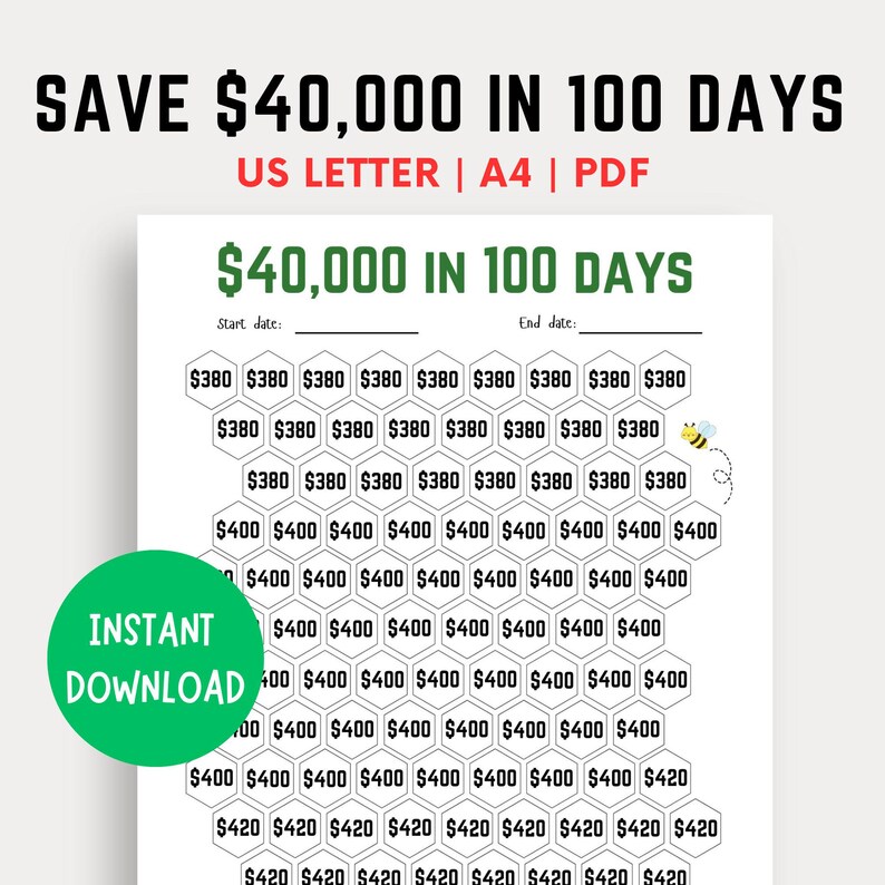 40,000 Money Saving Challenge Printable, Save 40,000 in 100 Days ...