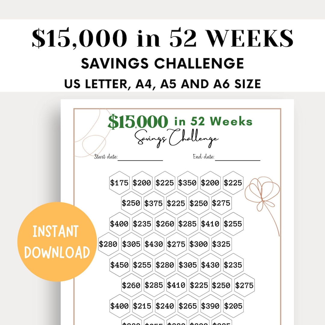 52 Week Saving Challenge Printable, 15K Money Challenge, 1 Year Savings ...