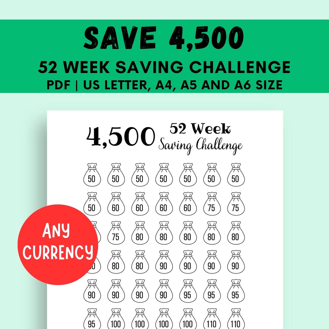 52 Week Saving Challenge Printable, 4500 Money Challenge, 1 Year ...