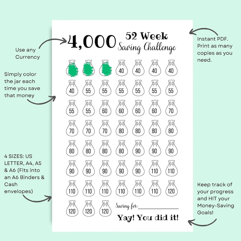52 Week Saving Challenge Printable, 4000 Money Challenge, 1 Year ...