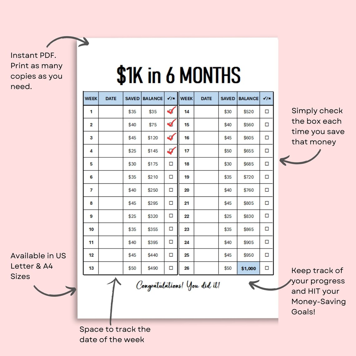 6 Months Savings Challenge Printable, 1K Savings Challenge, 26 Weeks ...