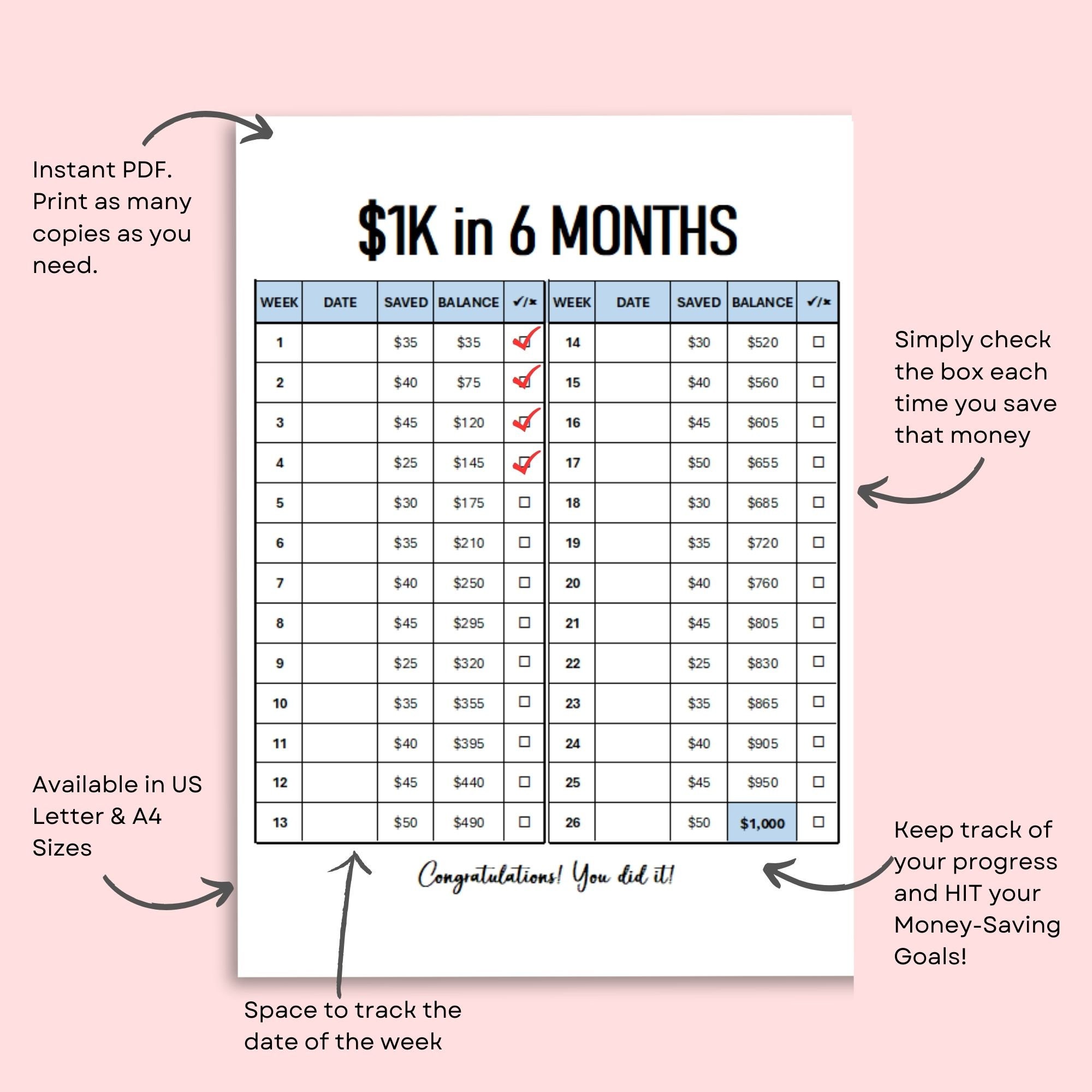 6 Months Savings Challenge Printable, 1K Savings Challenge, 26 Weeks ...