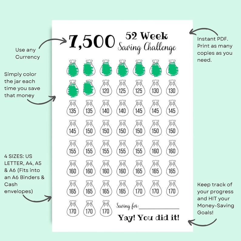 52 Week Saving Challenge Printable, 7500 Money Challenge, 1 Year ...