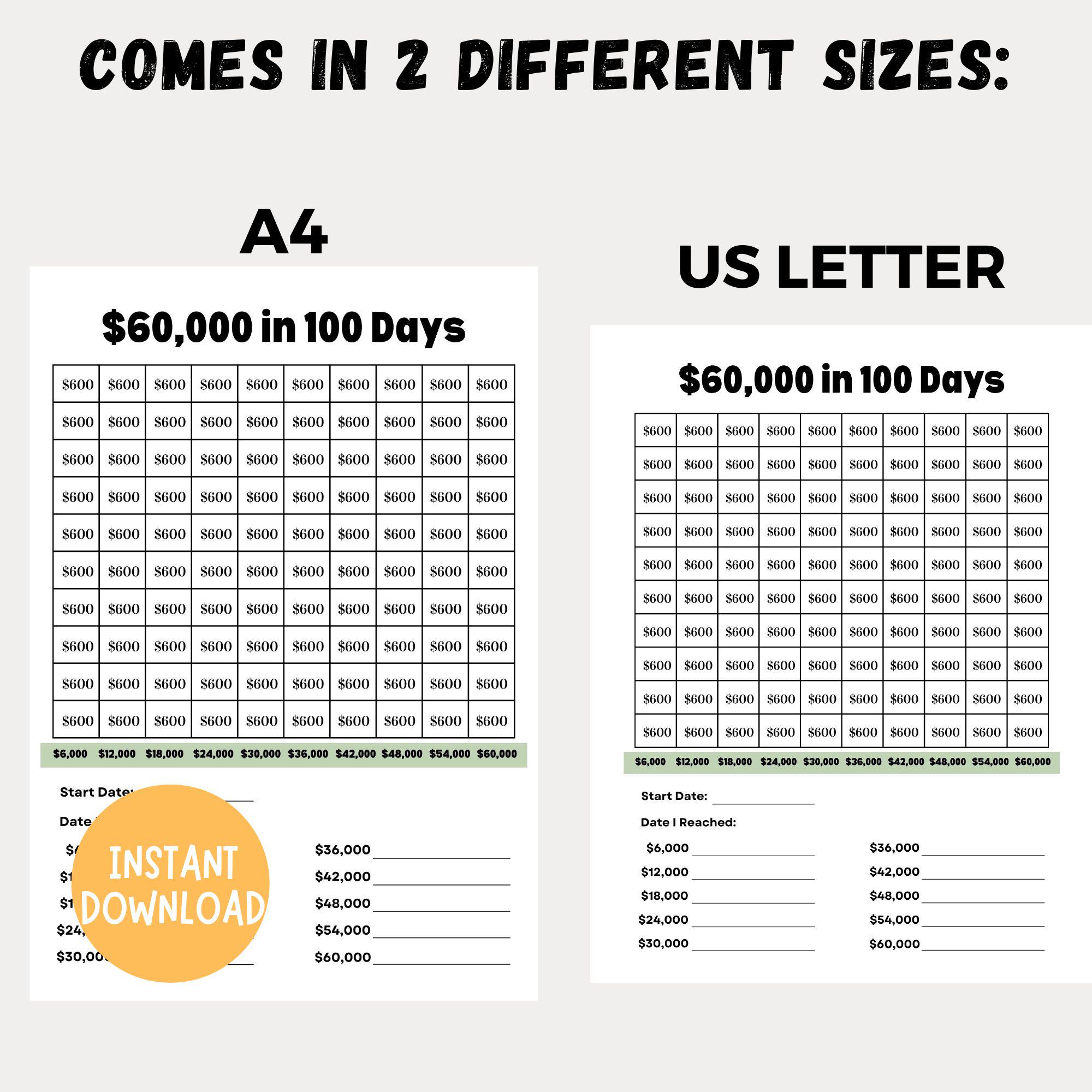 60,000 Money Saving Challenge Printable, Save 60,000 in 100 Days ...