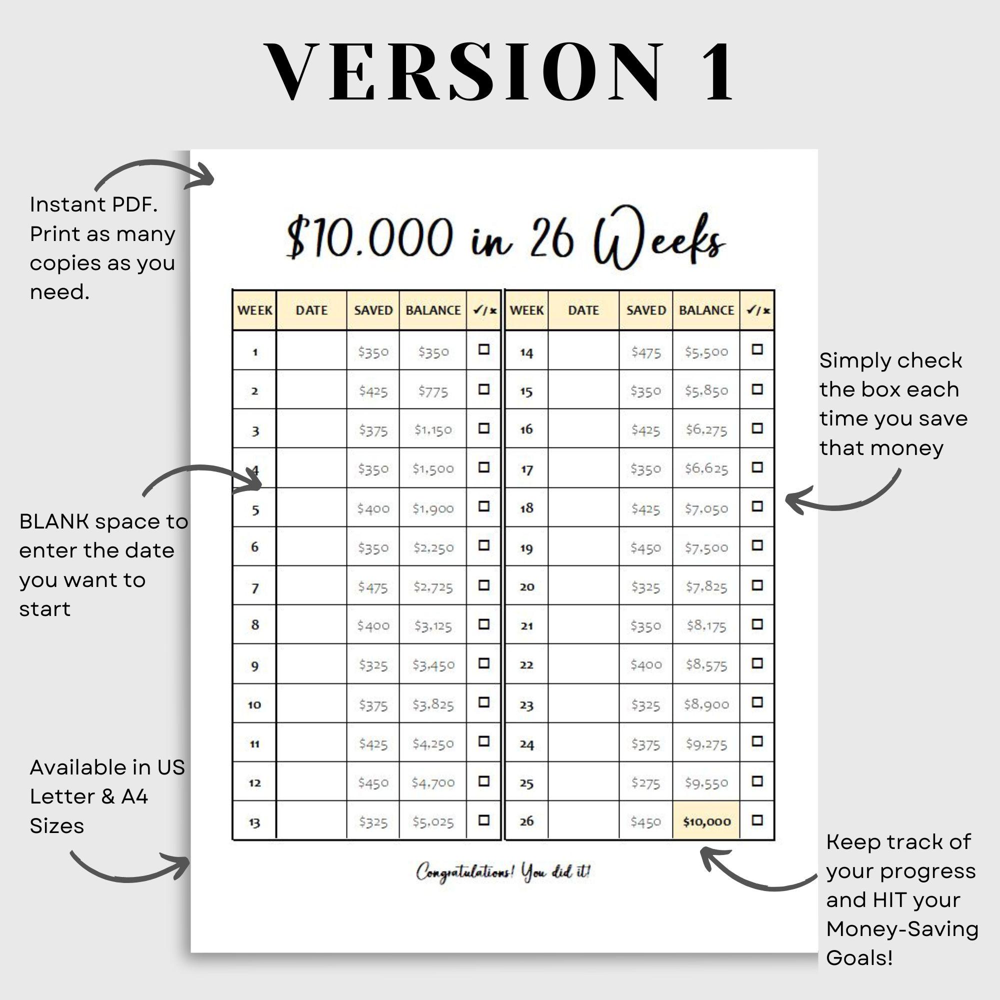 26 Week Savings Challenge, 10K Savings Challenge, 26 Weeks Tracker ...