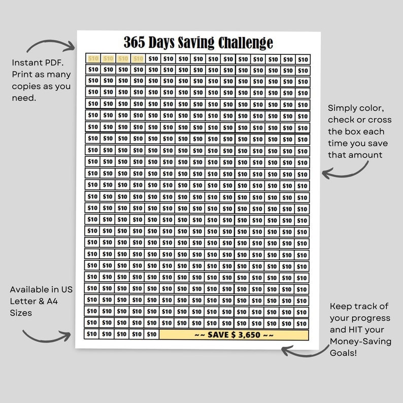 365 Days Savings Challenge, 10 Dollars Daily Saving Challenge ...