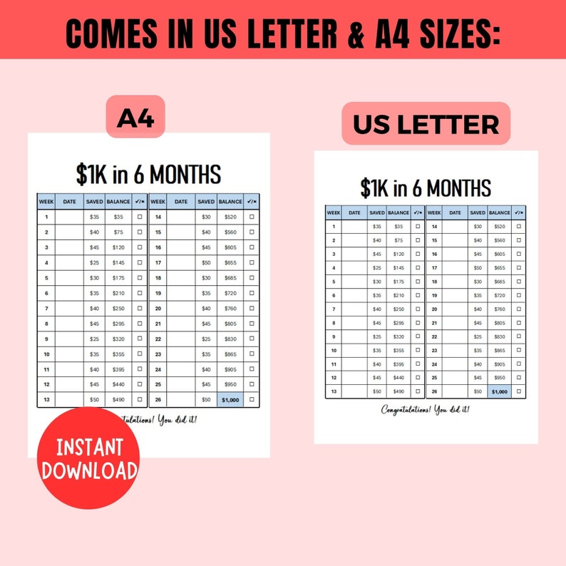 6 Months Savings Challenge Printable, 1K Savings Challenge, 26 Weeks ...