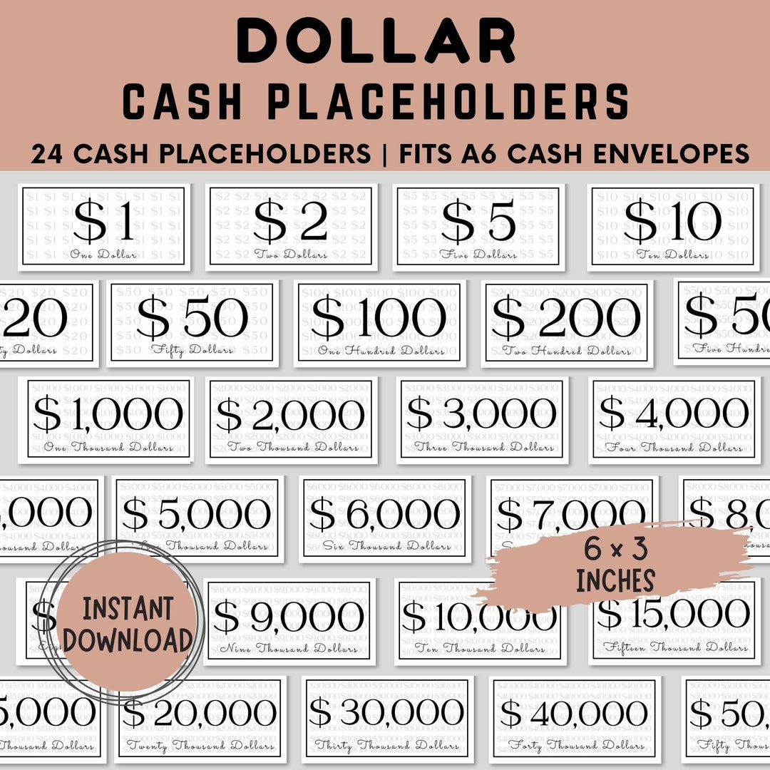 A6 Printable DOLLAR Cash Placeholder Bundle, Placeholder Set, Prop ...