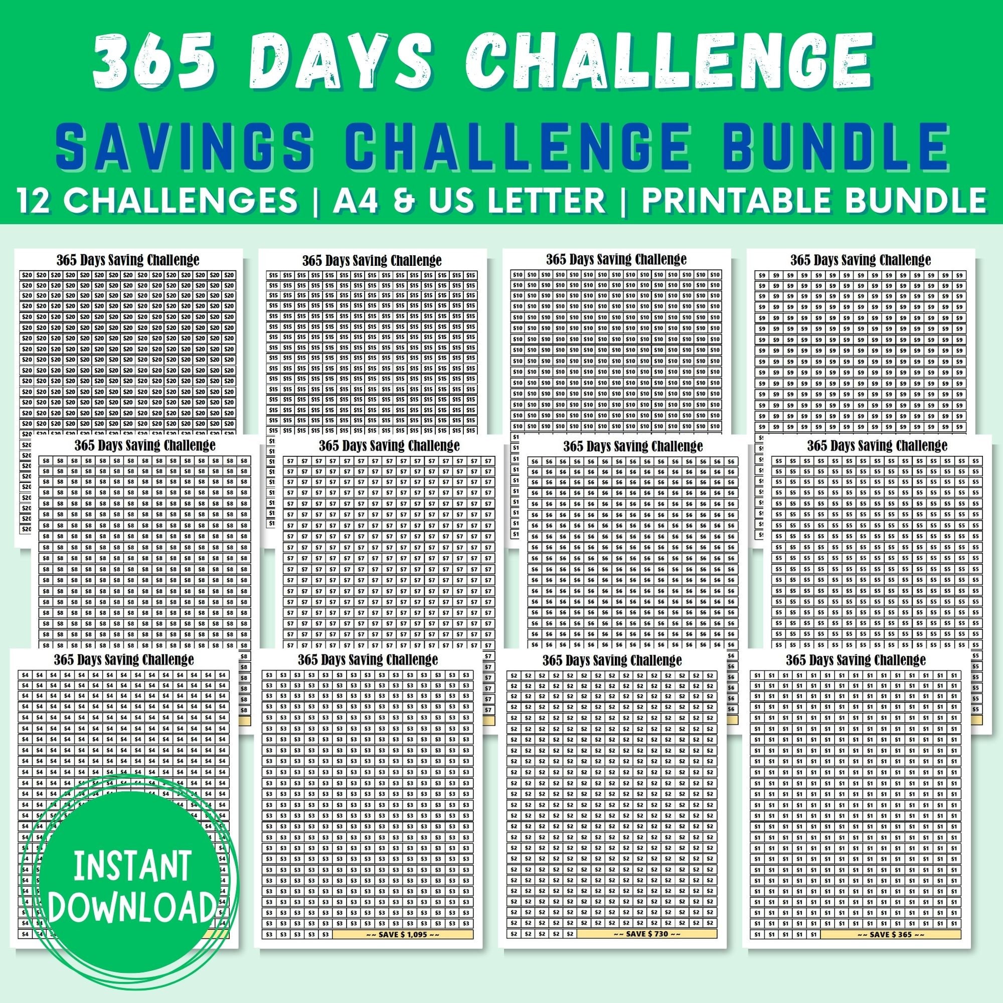 365 Days Savings Challenge Bundle, Printable Savings Tracker Bundle, 1 ...