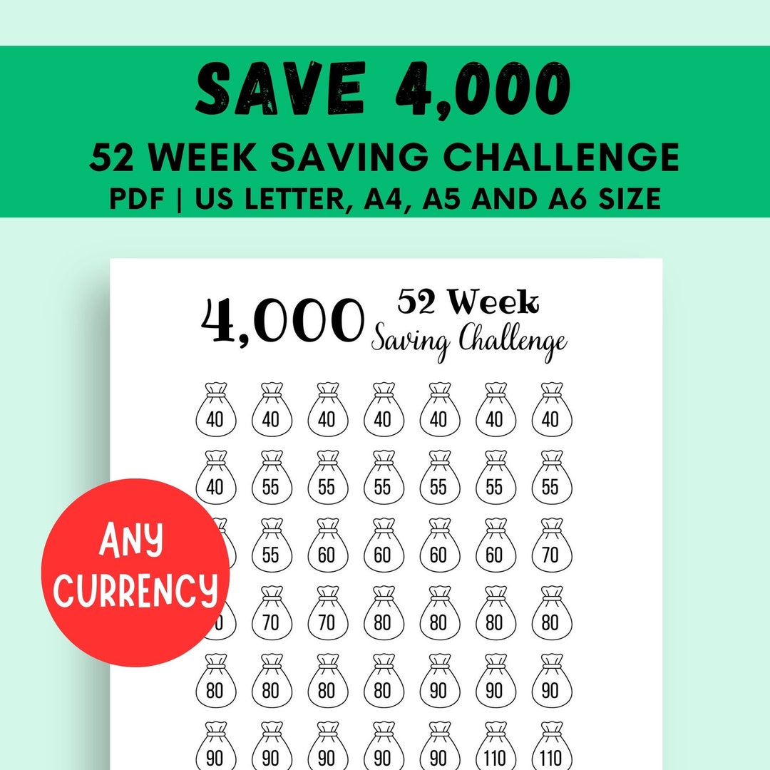 52 Week Saving Challenge Printable, 4000 Money Challenge, 1 Year ...