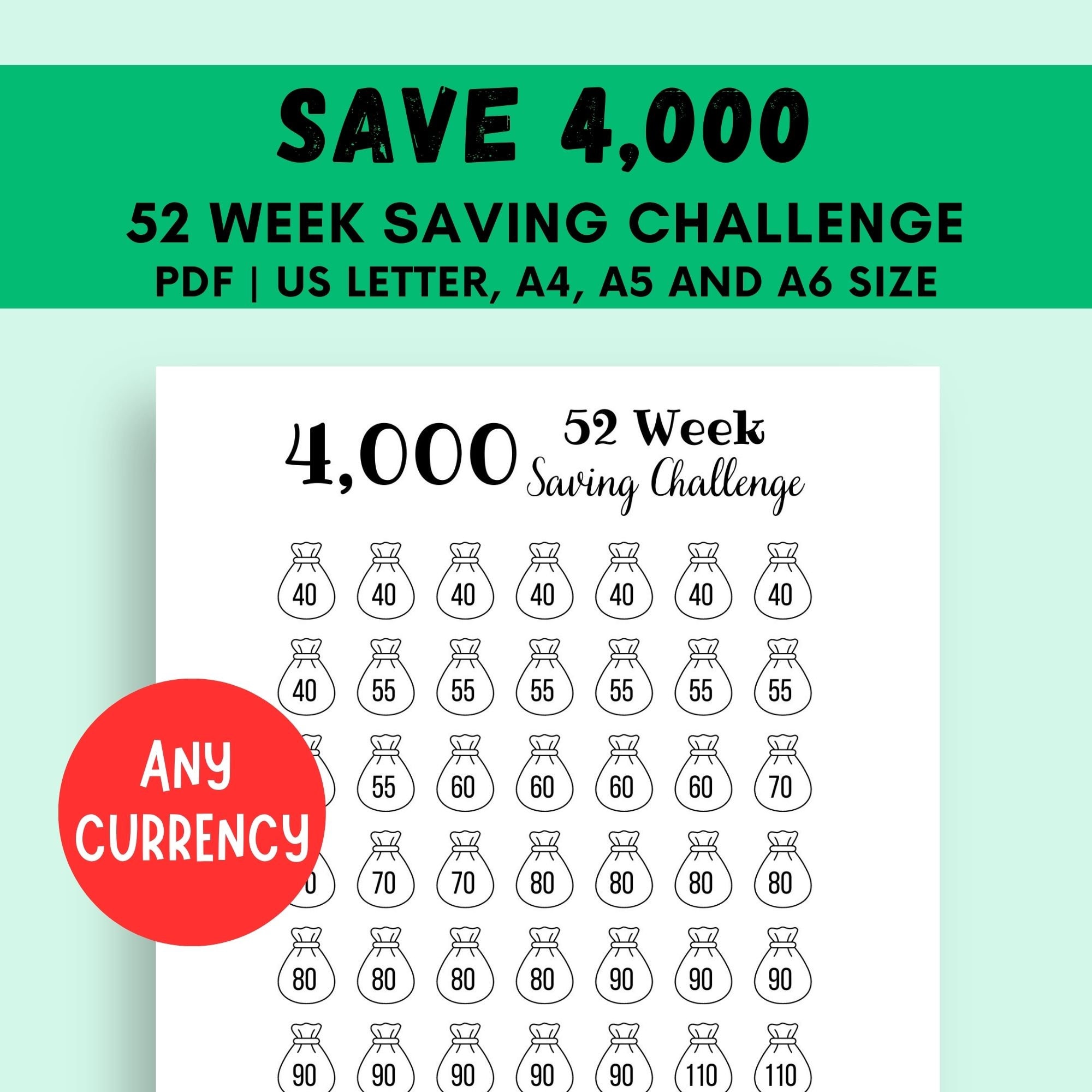 52 Week Saving Challenge Printable, 4000 Money Challenge, 1 Year Savings Challenge, 4K Savings ...