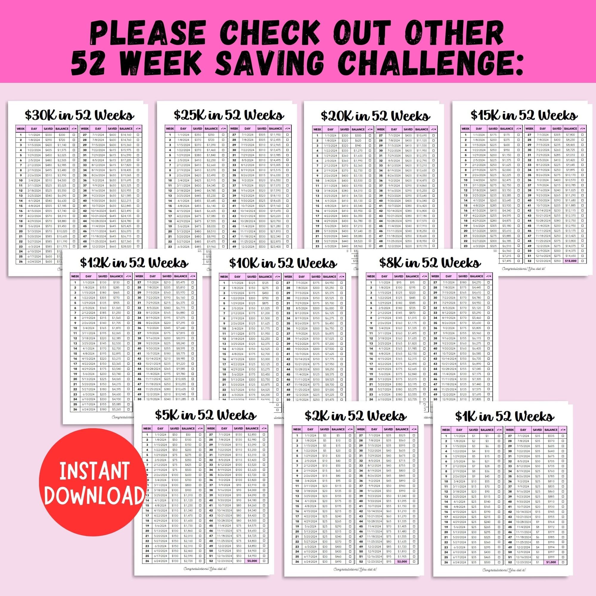 52 Weeks Saving Challenge Printable, 1K Savings Challenge, 1000 Money Challenge, 1 Year Savings ...