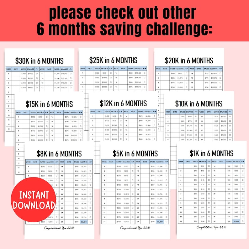 6 Months Savings Challenge Printable, 2K Savings Challenge, 26 Weeks ...