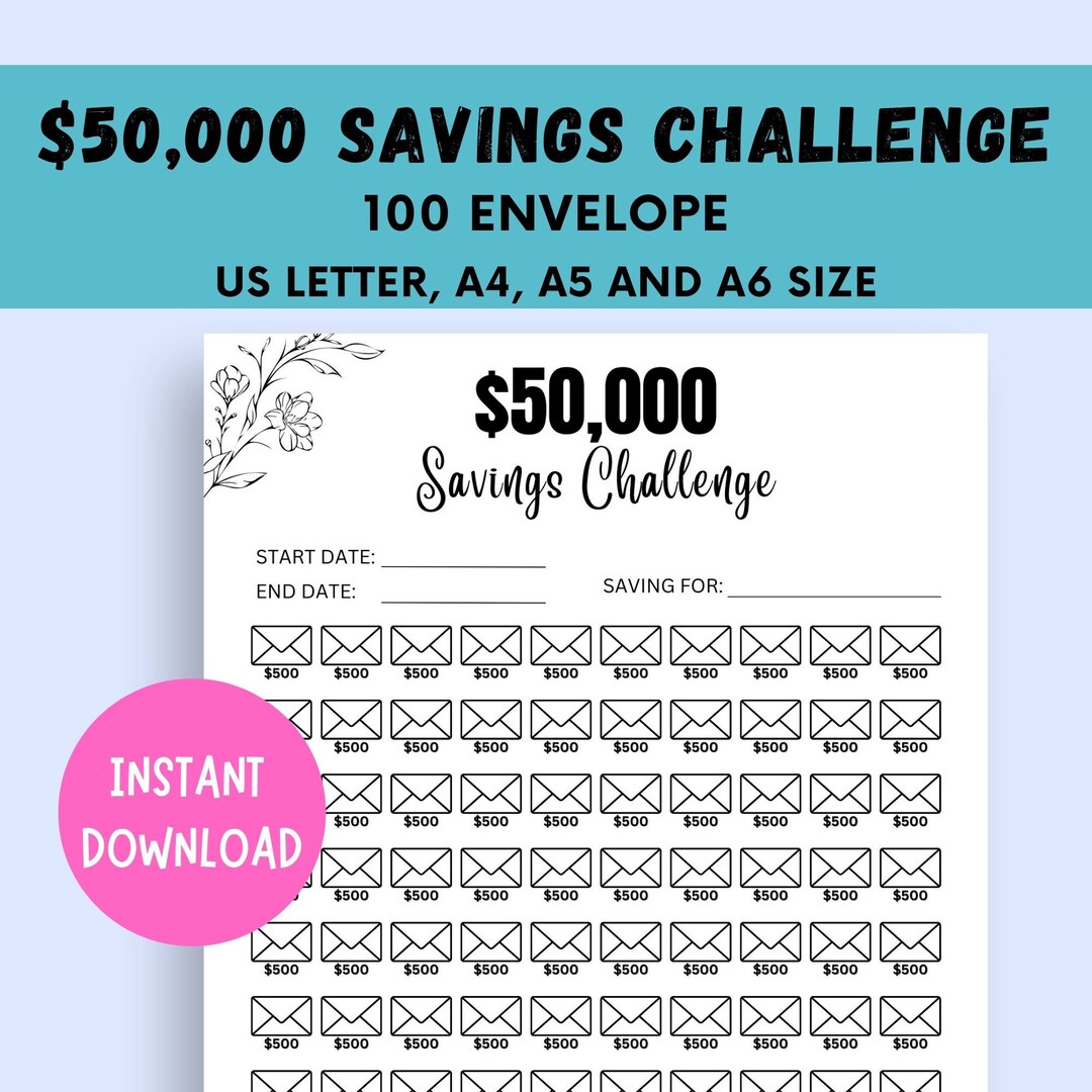 50K Saving Challenge, 100 Envelopes Challenge Printable, 50k Challenge, 50000 Savings Tracker ...