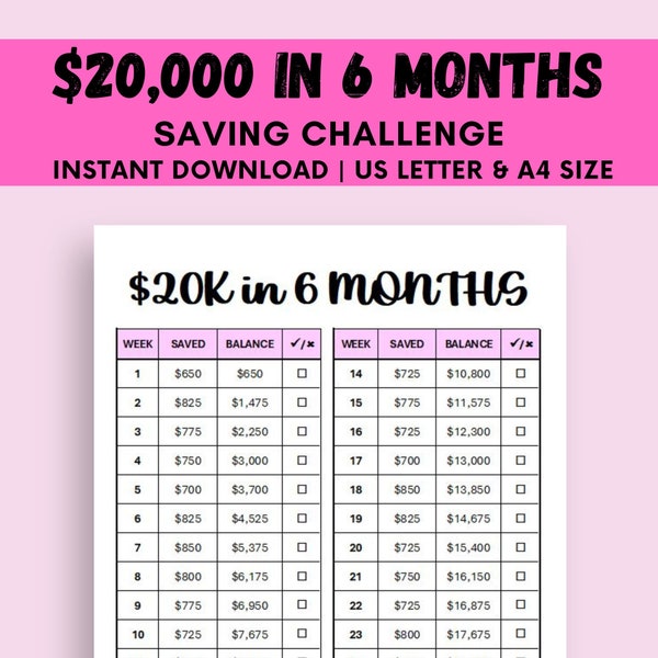 20K Savings Challenge, Savings Tracker, Money Challenge, 26 Weeks, 6 ...