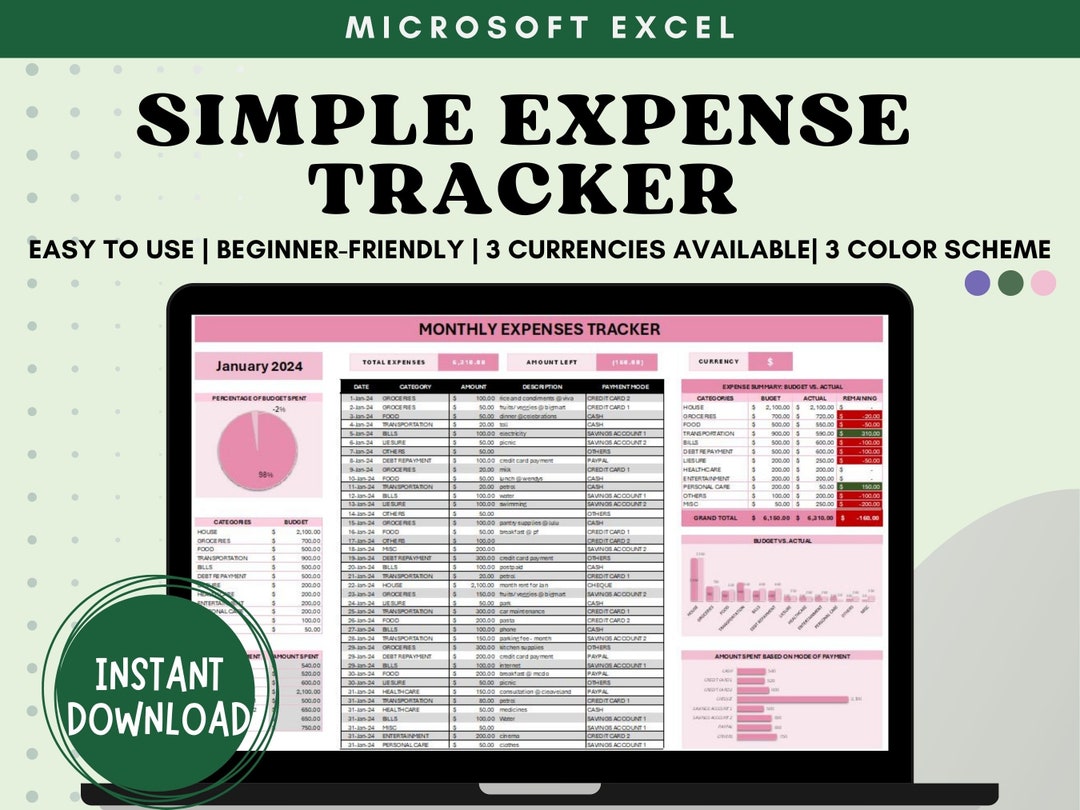 Simple Expense Tracker Template for MS EXCEL, Personal Budget Planner ...
