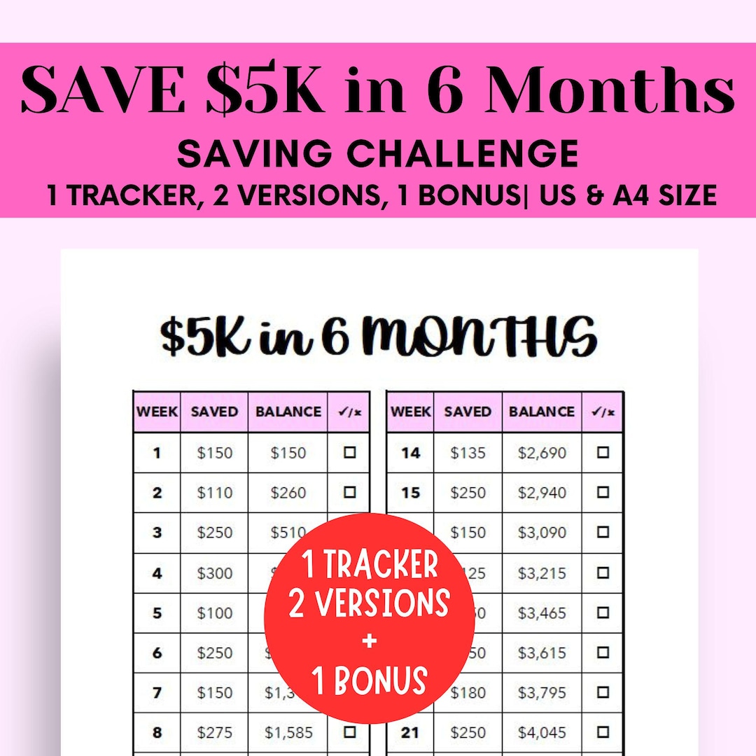 5K Savings Challenge, 6 Months Savings Challenge, 26 Weeks Saving Tracker Printable, 5K Savings ...