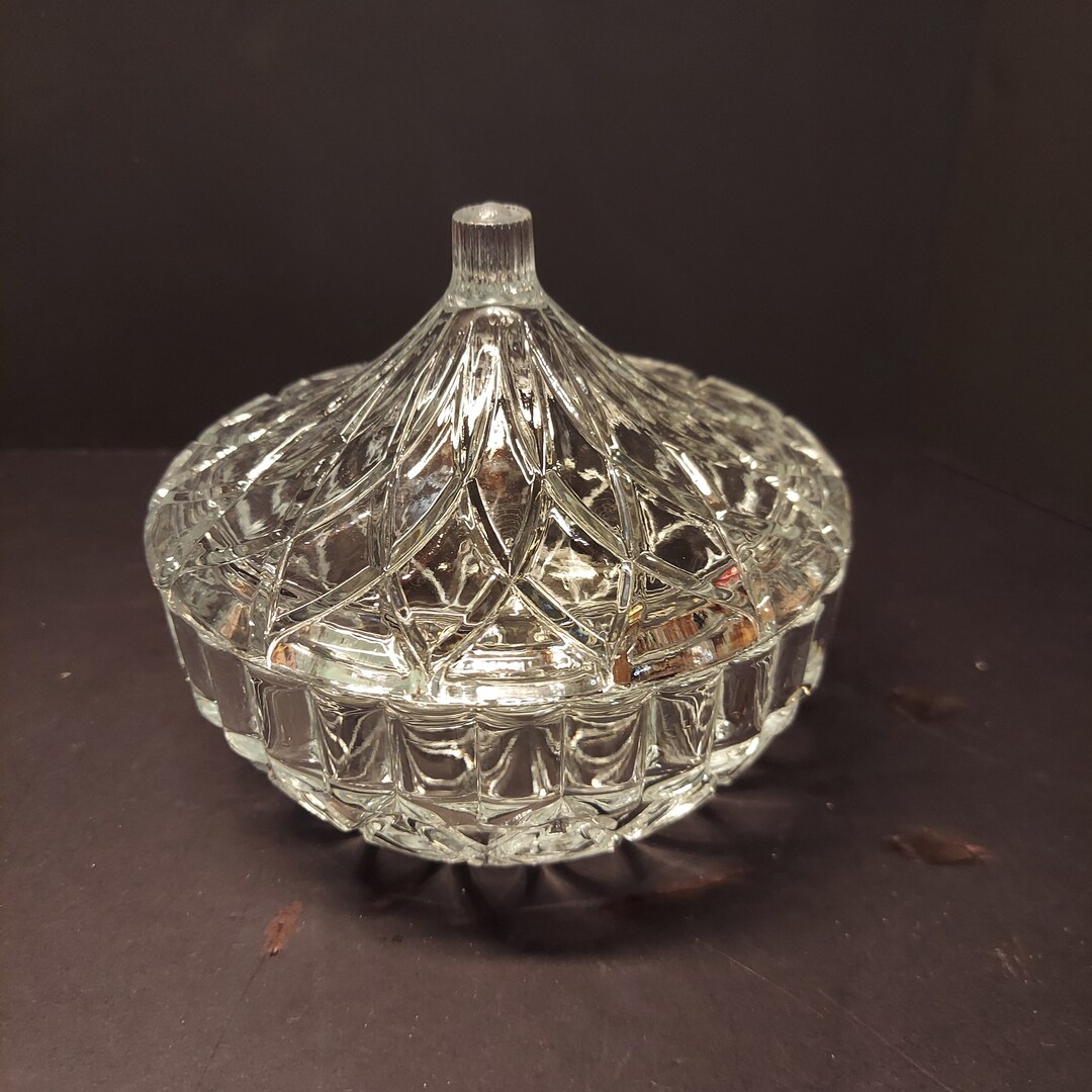 Vintage KIG Indonesia Clear Glass Candy Dish W/ Lid Geometric Pattern ...