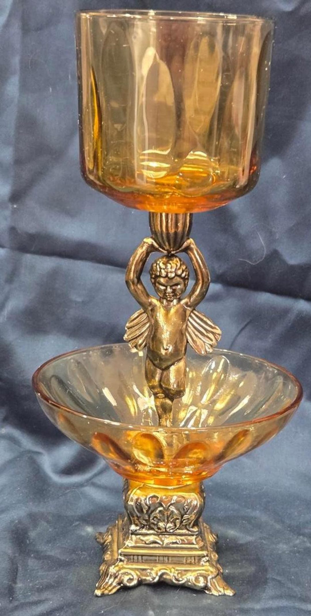 Vintage Amber Glass Cherub Decorative Compote Dish With Ornate Metal ...