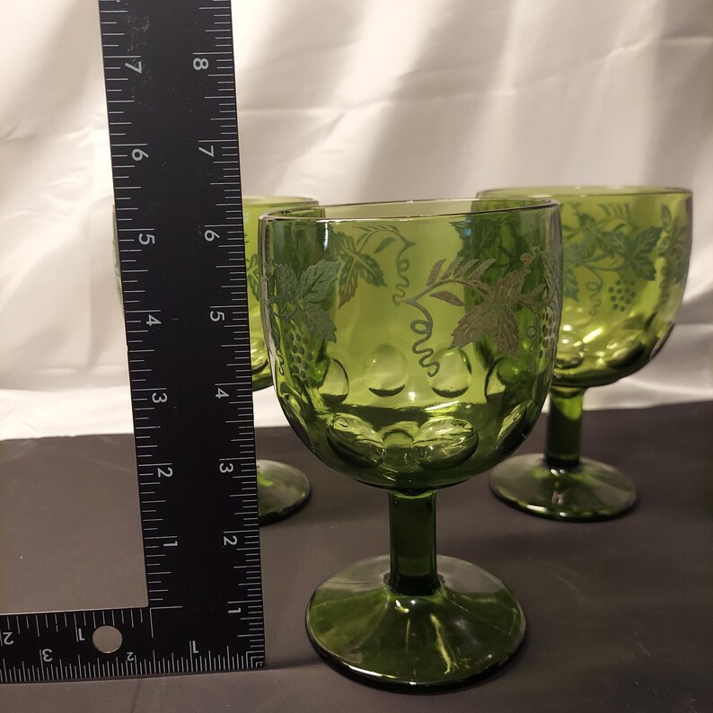 Vintage Bartlett and Collins Olive Green Thumbprint Goblets, Grape Leaf ...
