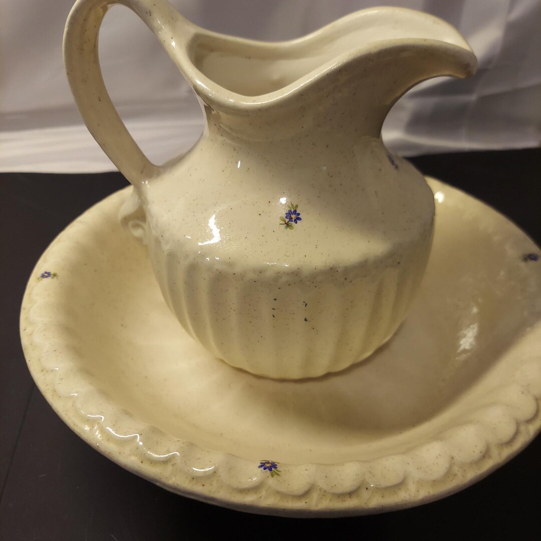 Vintage White Pitcher and Basin, White Pitcher With Blue Flowers ...