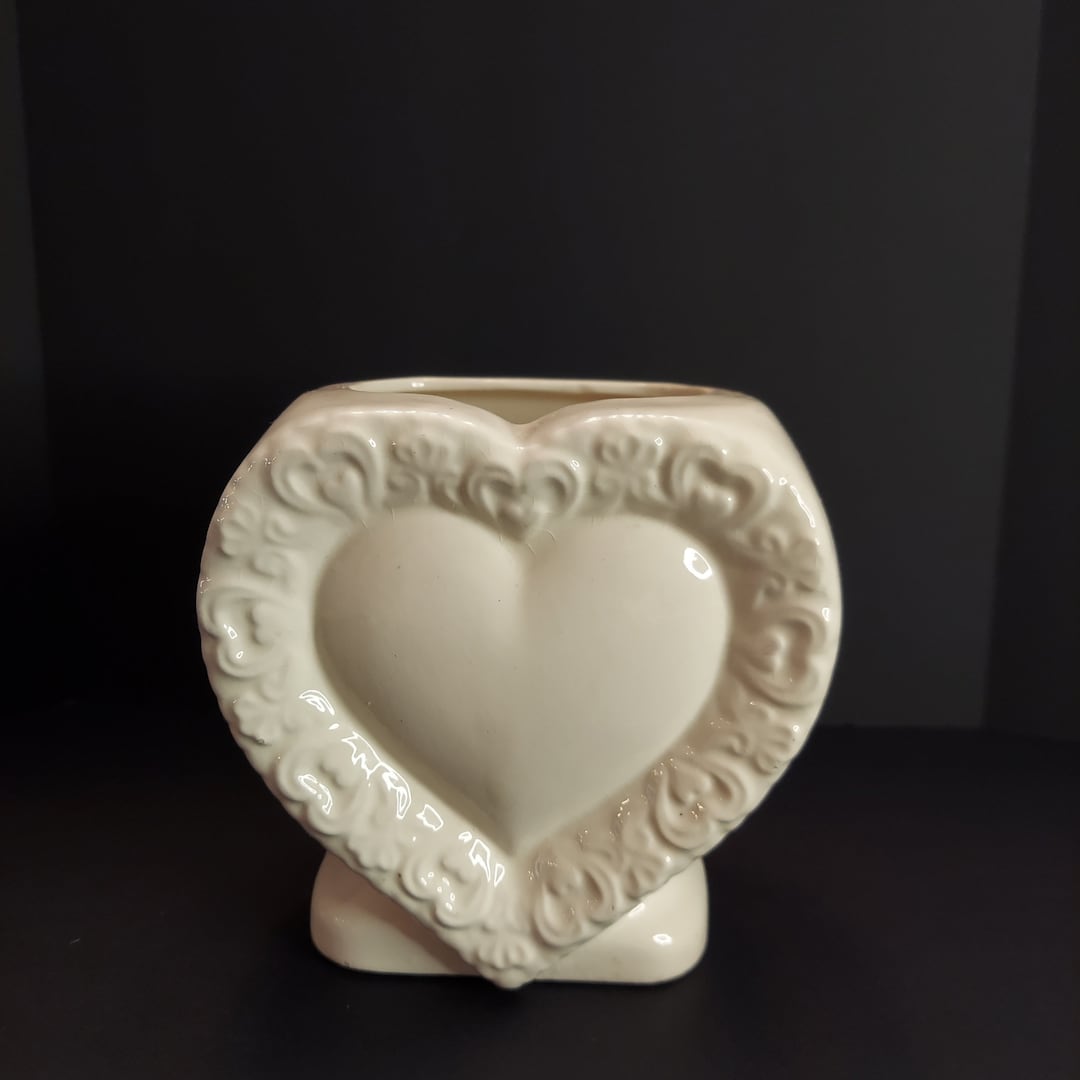 Heart Shaped Vase Beautifully Crafted in White Bisque Ceramic & Ivory ...
