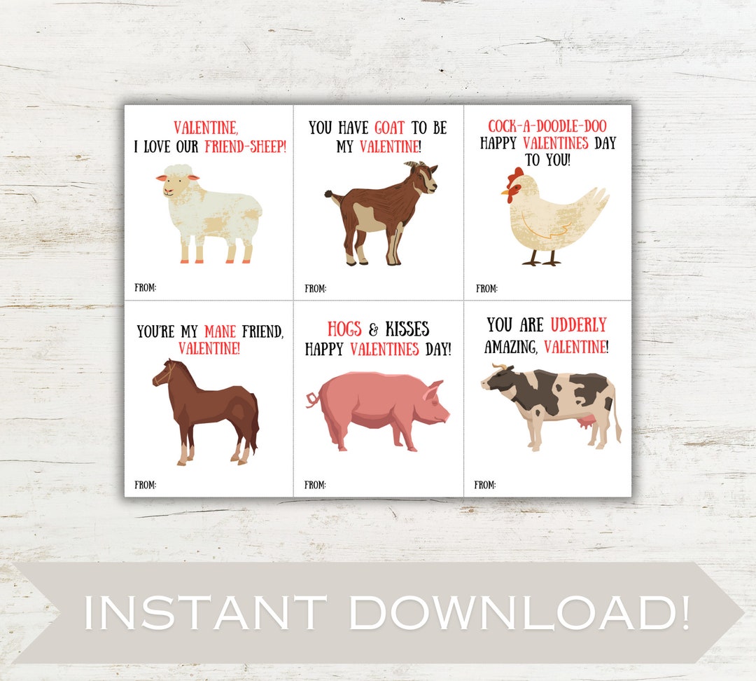 Printable Farm Animal Valentines Day Cards, Instant Digital Download ...