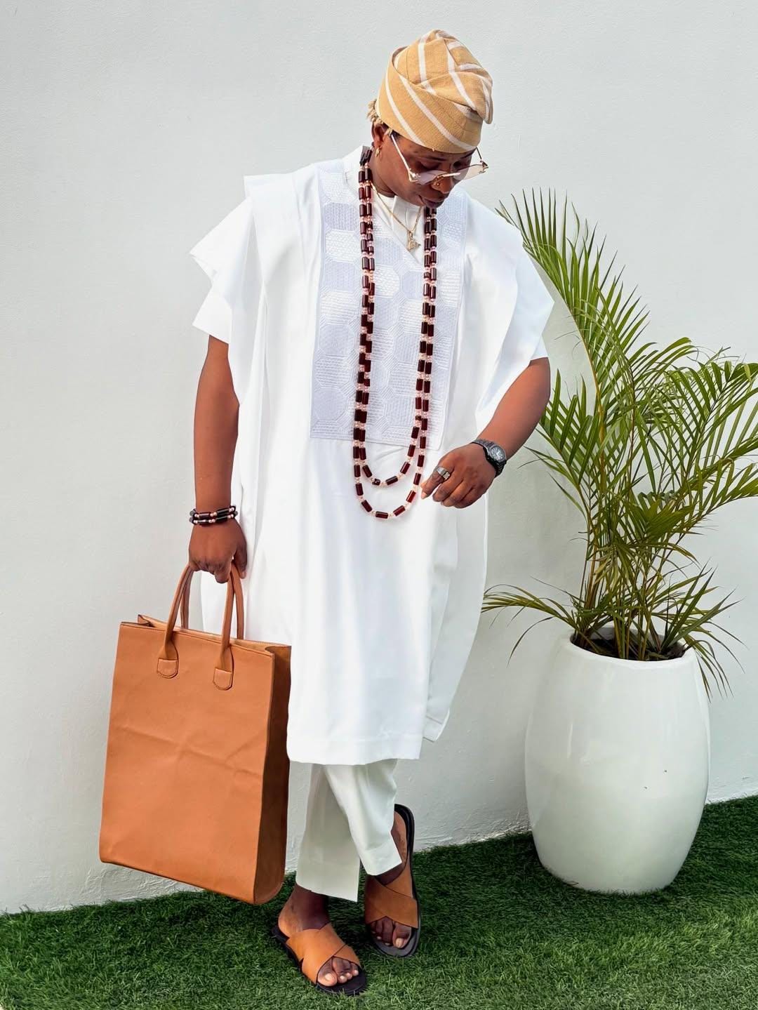 Elegant White Men's Agbada Set - Embroidered Nigerian Dashiki, Modern ...