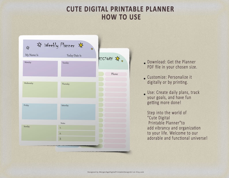 Colorful Cute Digital Printable Planner, Lovely Downloadable Weekly ...