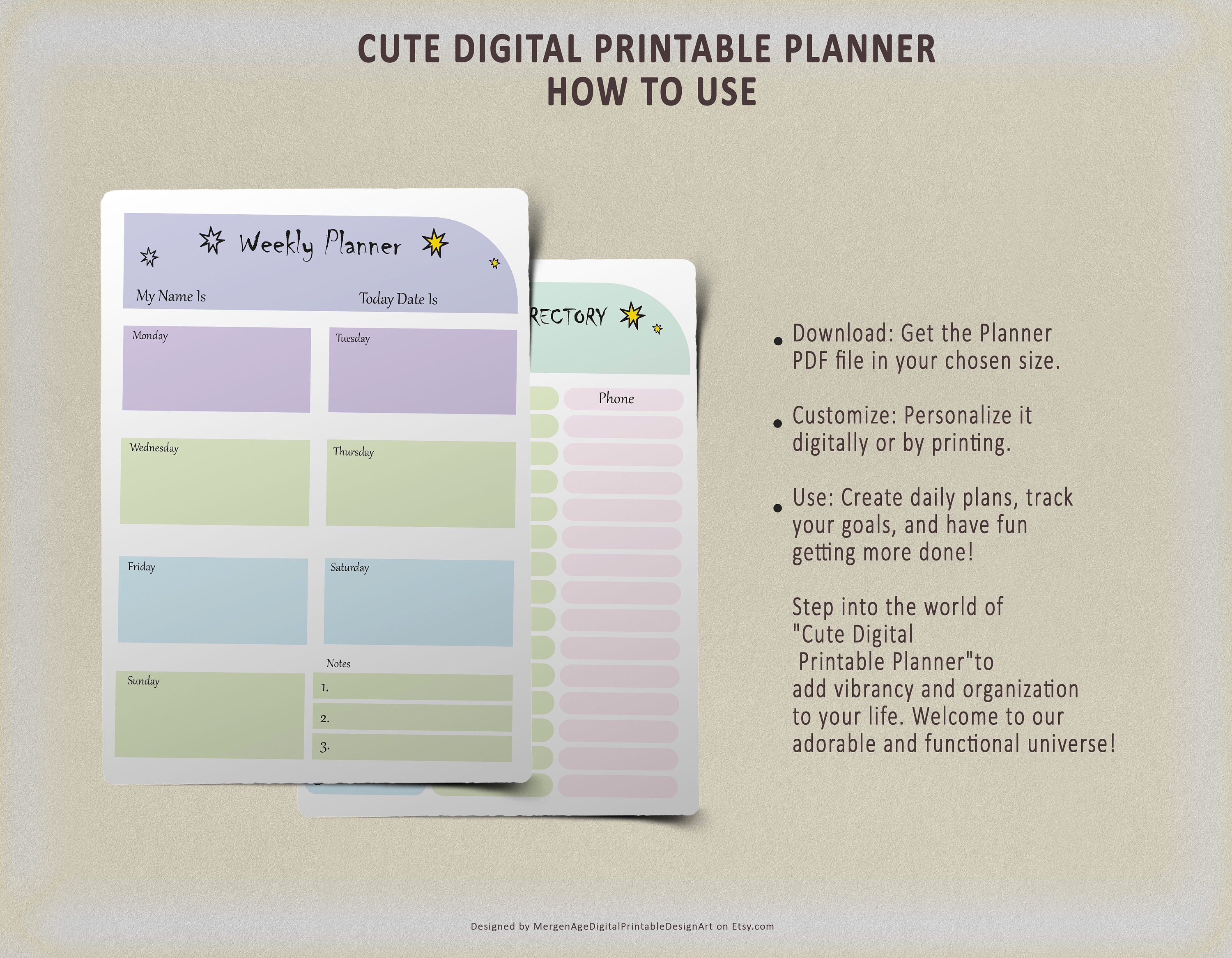 Colorful Cute Digital Printable Planner, Lovely Downloadable Weekly ...