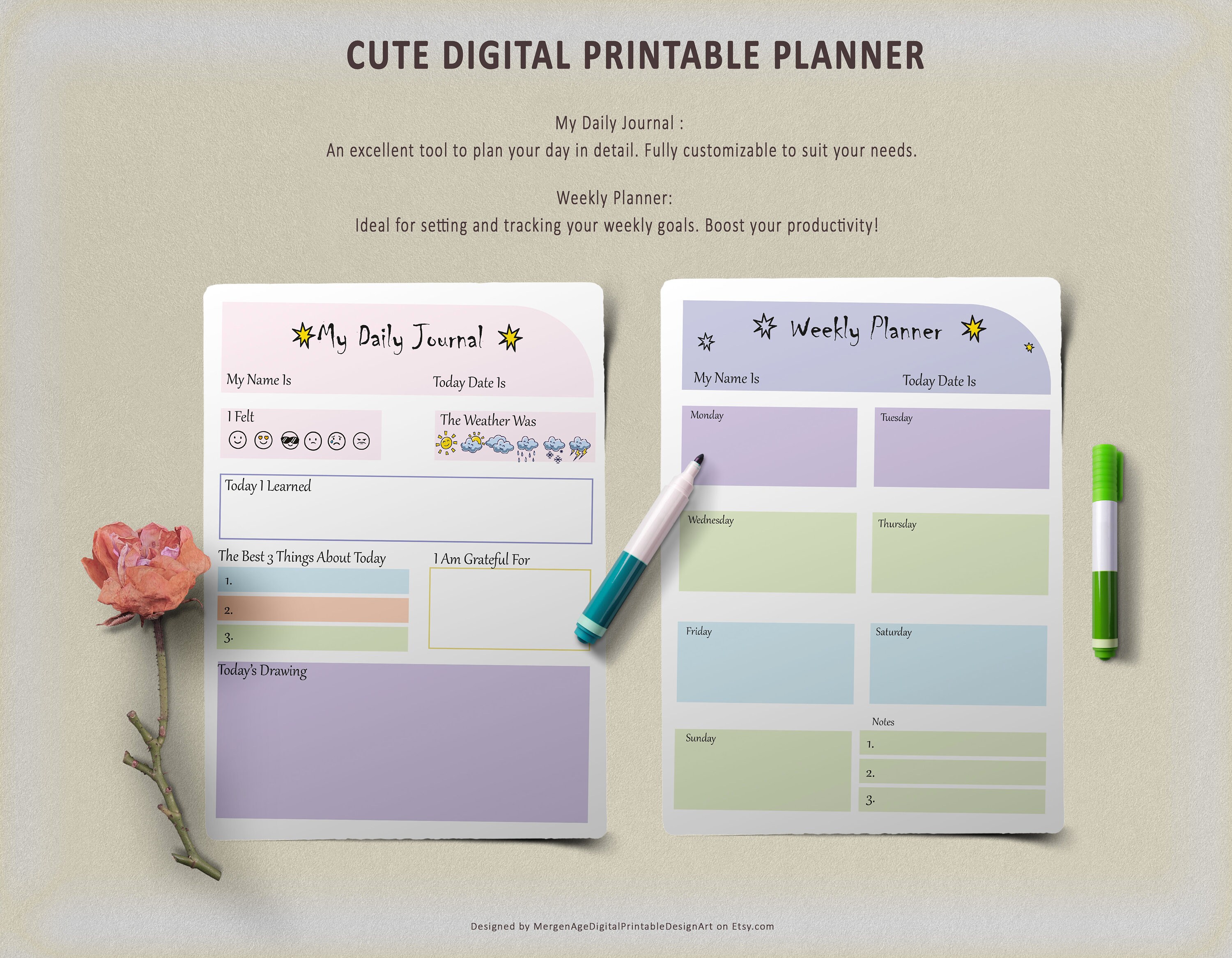 Colorful Cute Digital Printable Planner, Lovely Downloadable Weekly ...