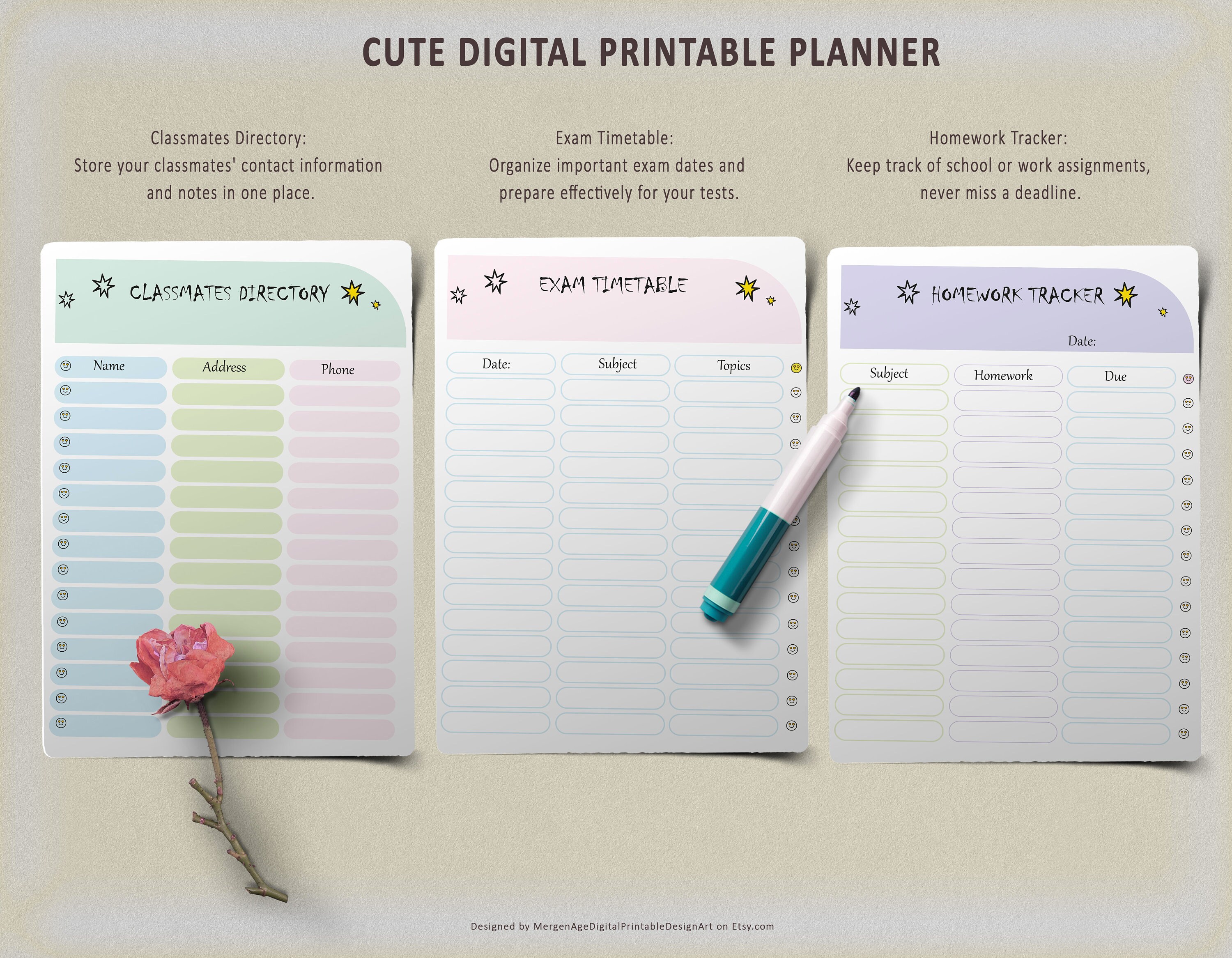 Colorful Cute Digital Printable Planner, Lovely Downloadable Weekly ...