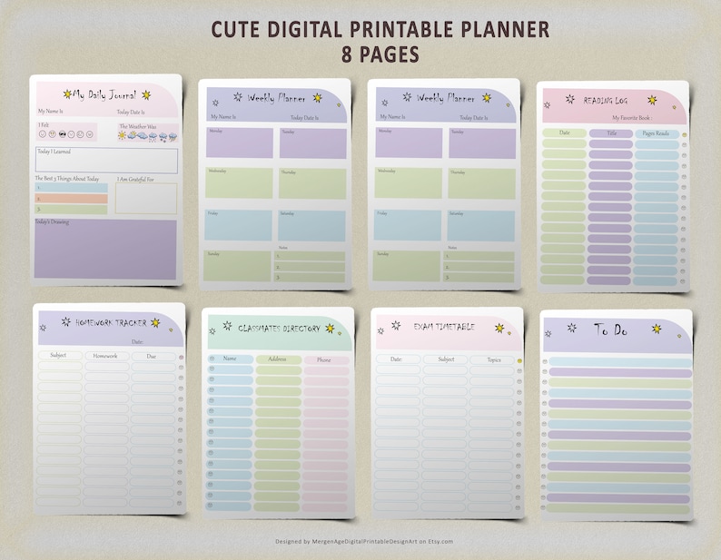 Colorful Cute Digital Printable Planner, Lovely Downloadable Weekly ...