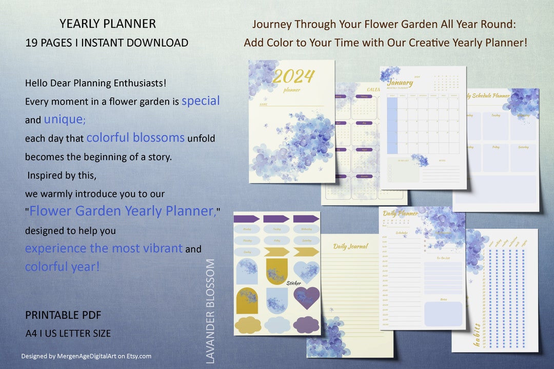Lavender Color 2024 Yearly Planner, Blue Violet Downloadable Organizer ...