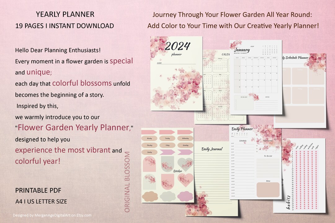 Creative Pink Floral 2024 Yearly Planner, Fall Season Downloadable ...