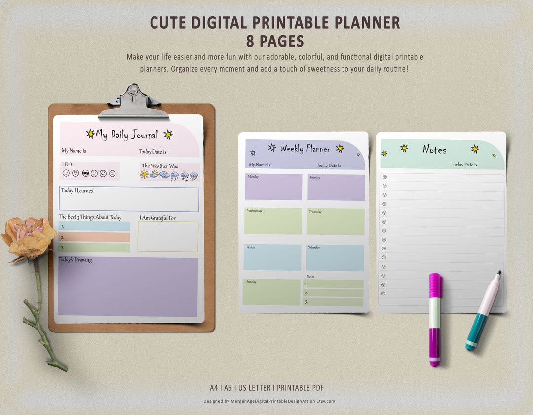 Colorful Cute Digital Printable Planner, Lovely Downloadable Weekly ...