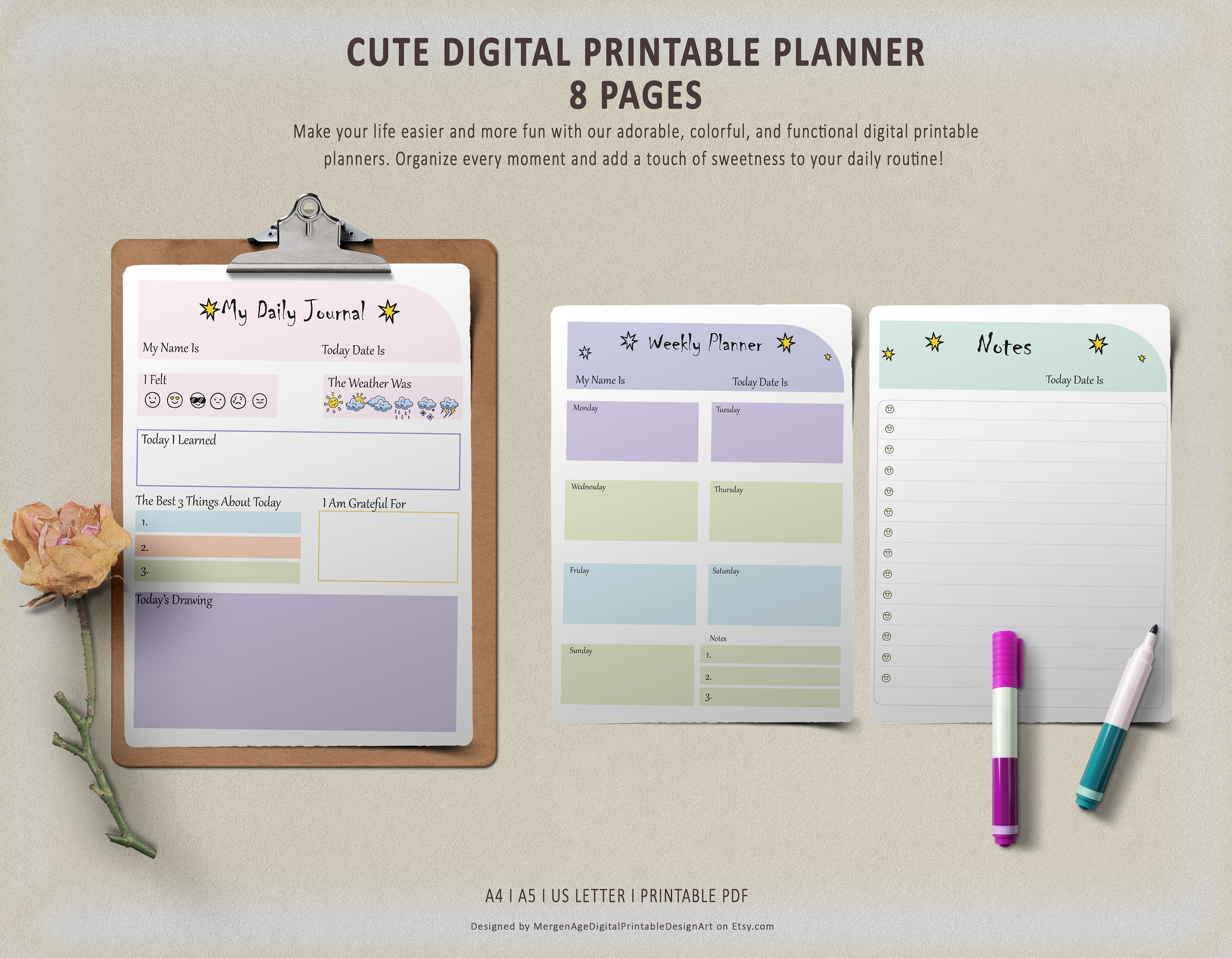 Colorful Cute Digital Printable Planner, Lovely Downloadable Weekly ...