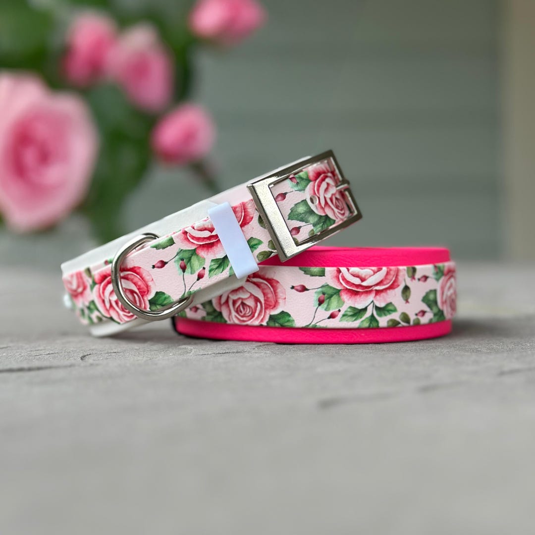 Pink Roses Dog Collar, Custom Waterproof Biothane - Etsy UK