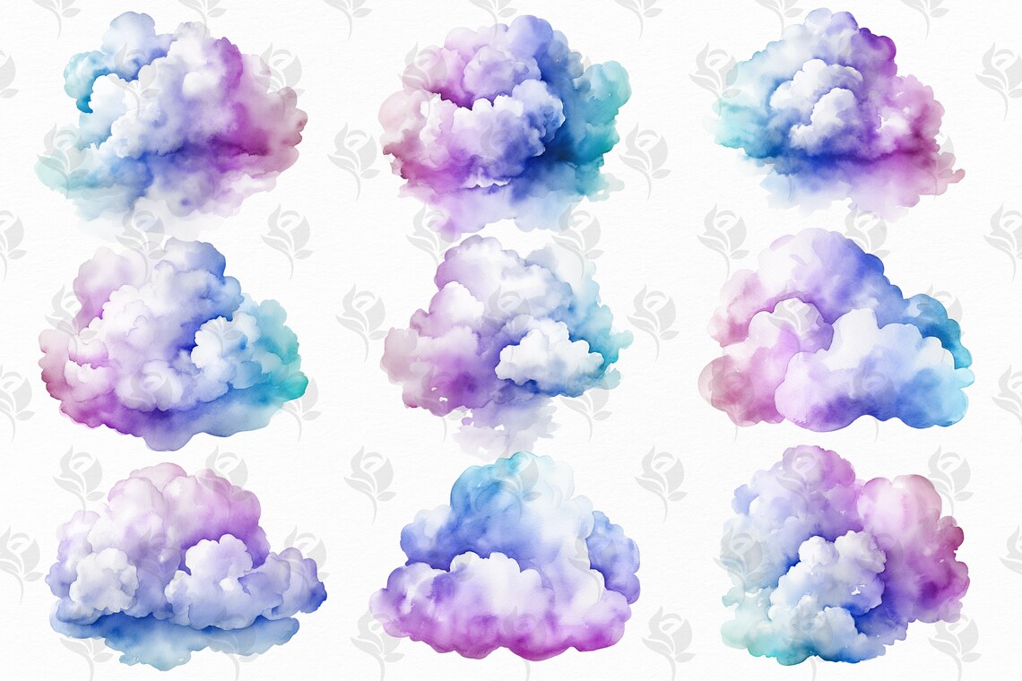 Watercolor Rainbow Clouds Set - Cute PNG Clouds Clipart - Instant ...