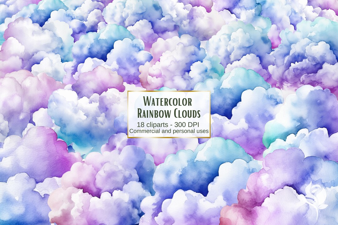 Watercolor Rainbow Clouds Set - Cute PNG Clouds Clipart - Instant ...