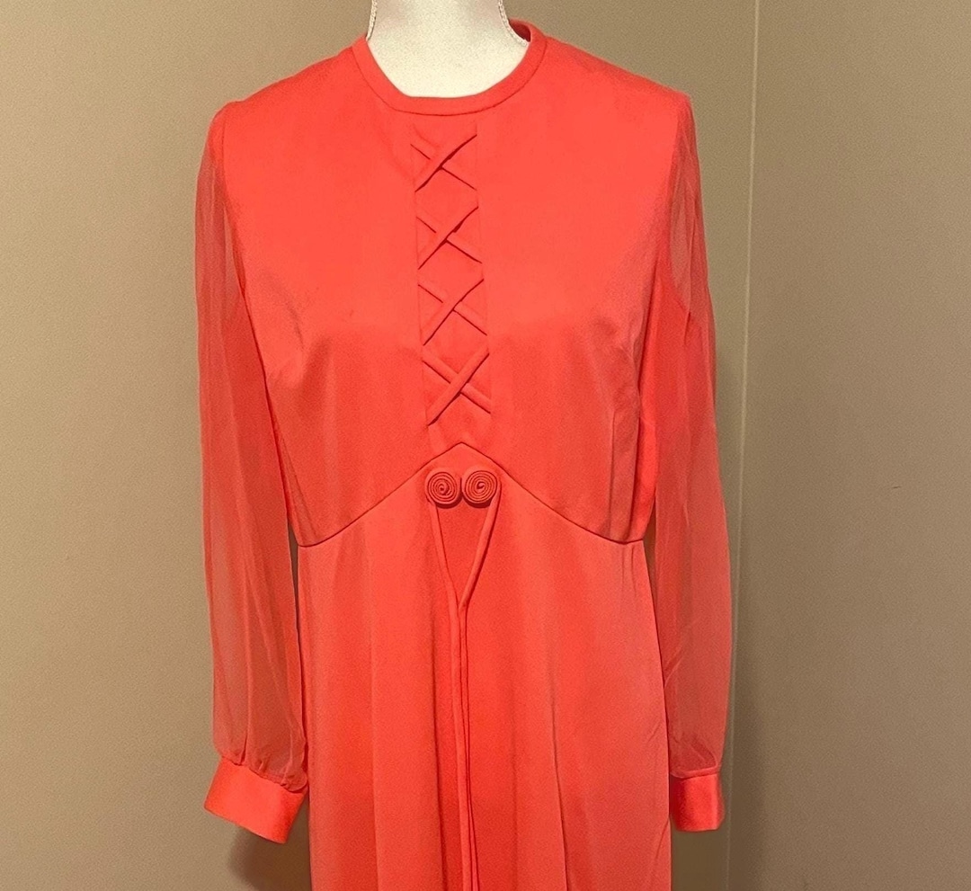 Vintage 70s Coral Red Maxi Dress Sheer Chiffon Sleeves Grandma Chic ...