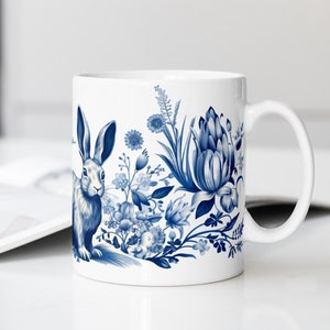 Blue Pottery Style Rabbit in Flowers Rustic Coffee / Tea Mug With ...