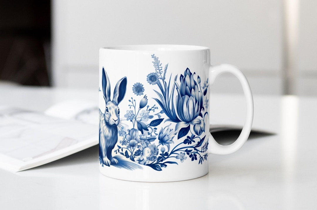 Blue Pottery Style Rabbit in Flowers Rustic Coffee / Tea Mug With ...