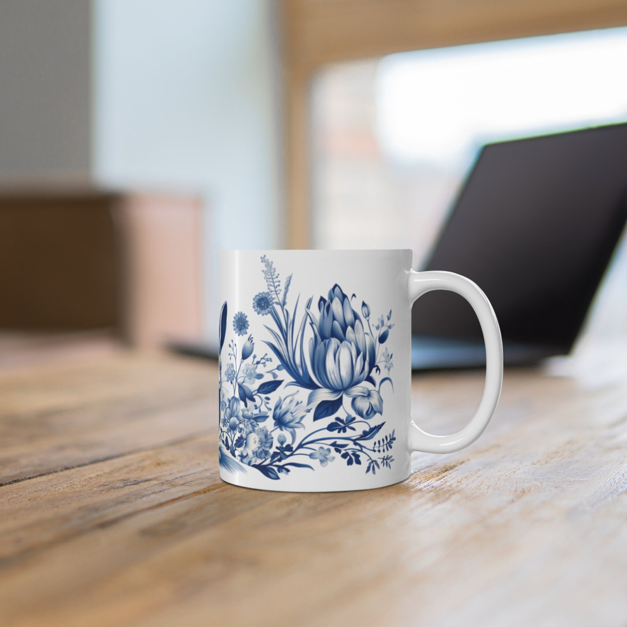 Blue Pottery Style Rabbit in Flowers Rustic Coffee / Tea Mug With ...