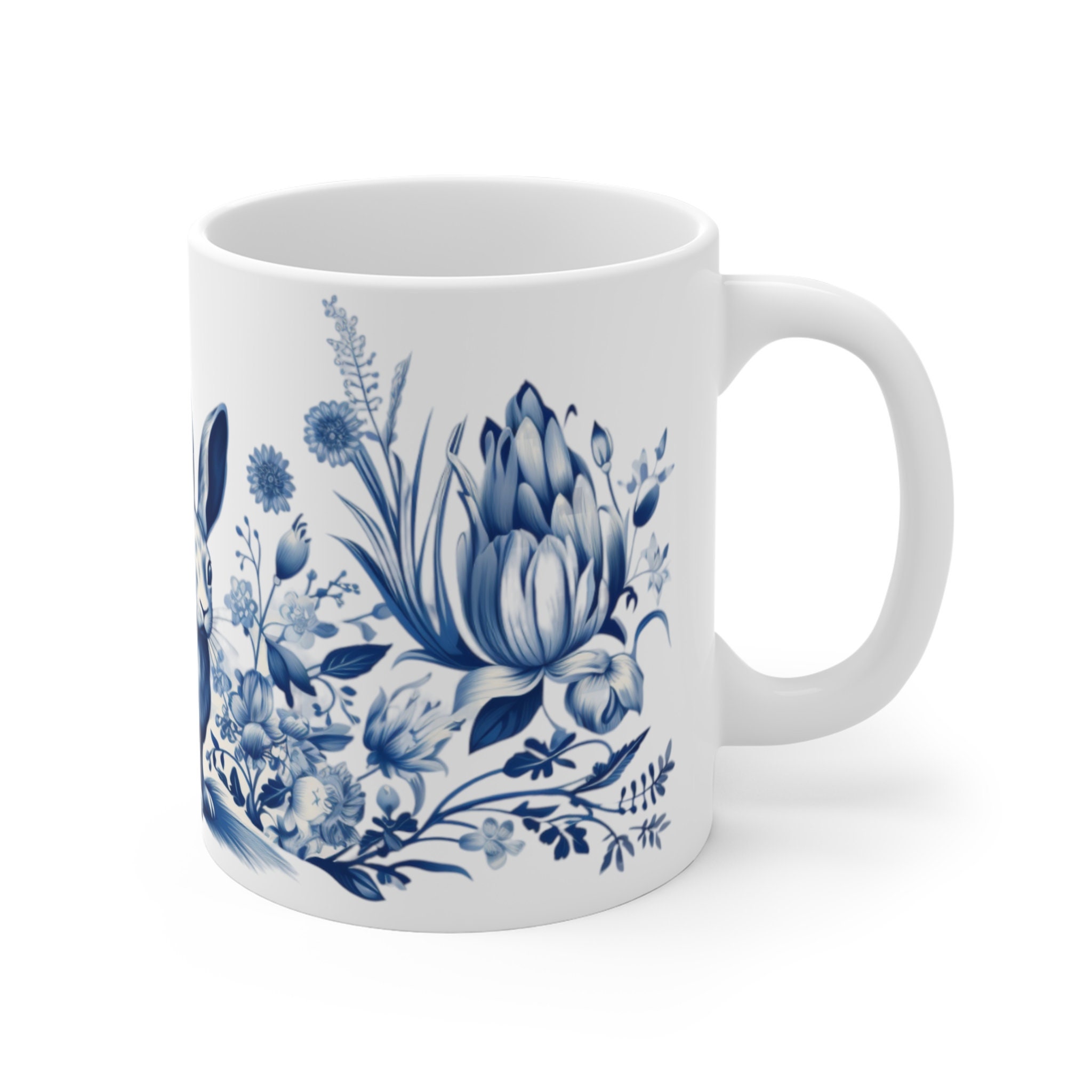 Blue Pottery Style Rabbit in Flowers Rustic Coffee / Tea Mug With ...
